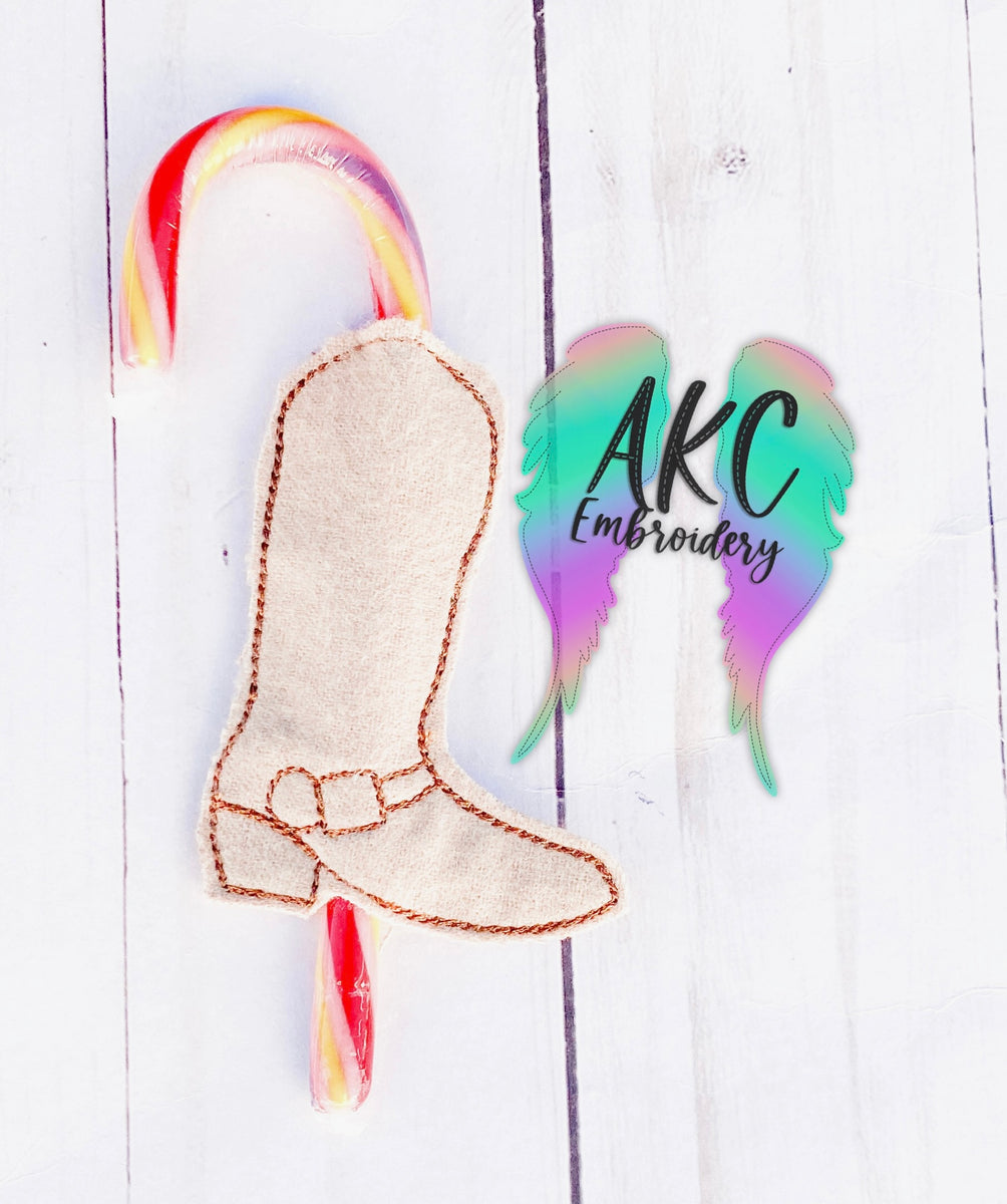 ITH cowboy boot candy cane holder 2023 – AKC Embroidery and Digital Designs